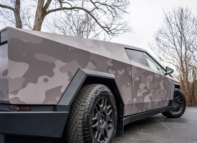 Tesla Cybertruck in a Gray Camouflage Vinyl Film – VIP Auto Accessories ...